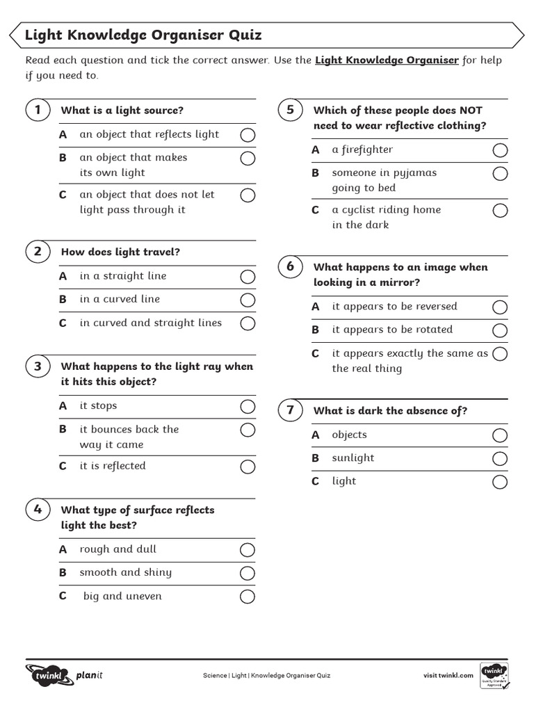 Light Knowledge Organiser Quiz | PDF | Light | Eye