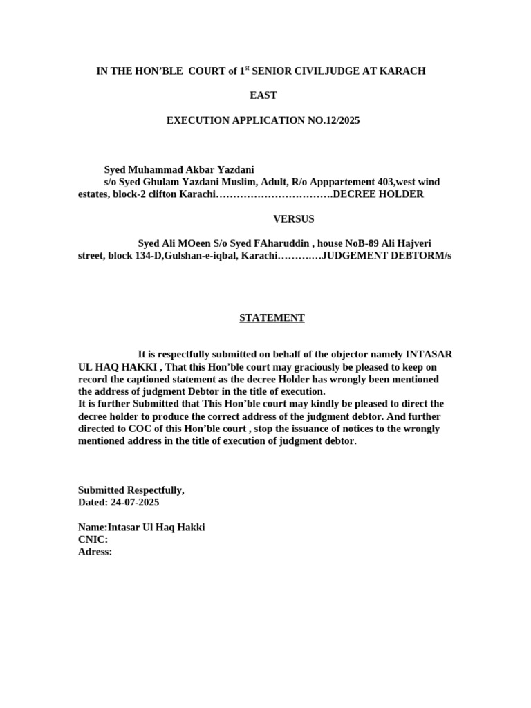 Statement in Execution 12of 2025 | PDF