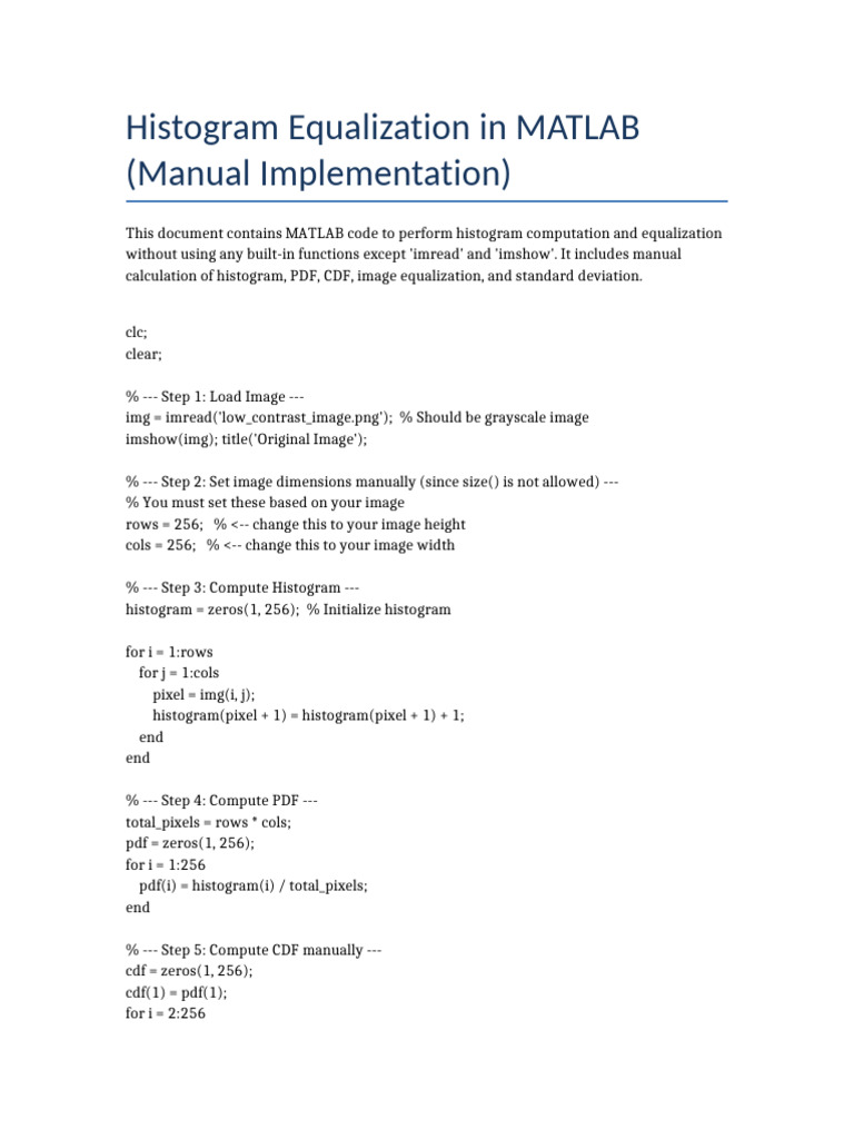 Manual Histogram Equalization in MATLAB | PDF | Vision | Signal Processing