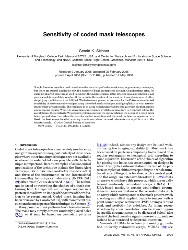 Sensitivity of Coded Mask Telescopes | PDF | Telescope | Signal To ...