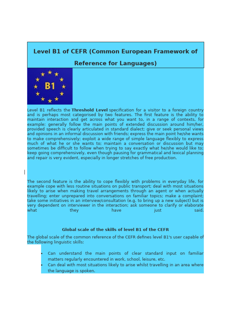CEFR B1 Language Proficiency Overview | PDF | Conversation | Information