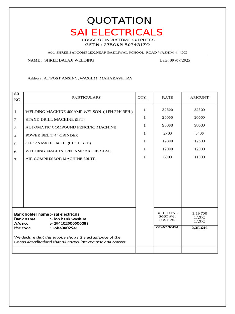 Quotation for Welding Equipment | PDF