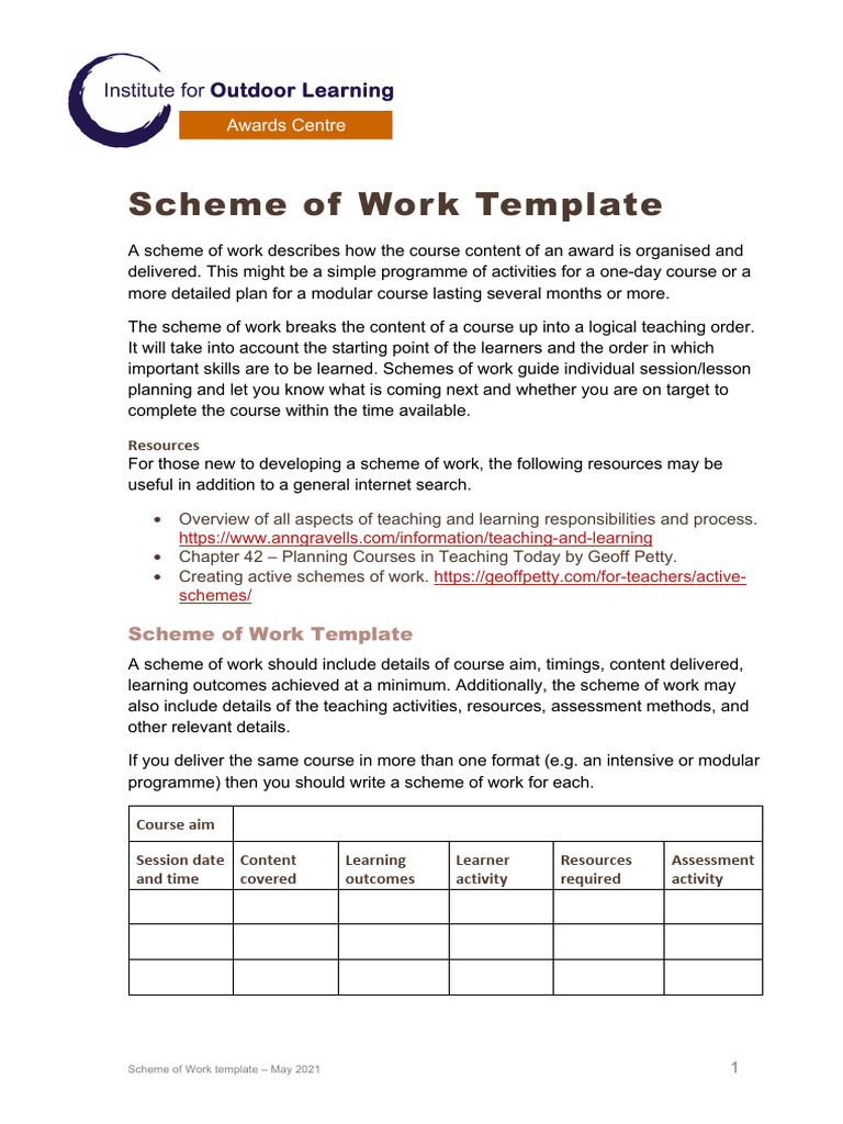 IOL Awards Centre Scheme of Work Template (1) | PDF | Educational ...