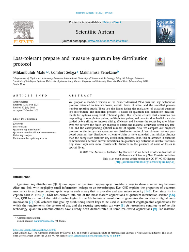 Loss Tolerant Prepare and Measure Quantum Key Distributi 2021 Scientific Afr | PDF | Quantum ...