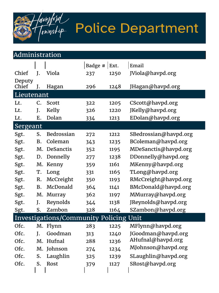 Police Department Contact Directory | PDF