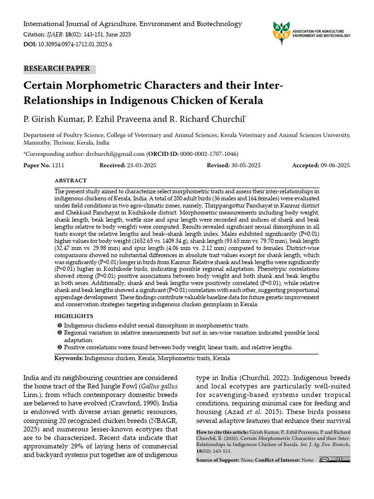 Morphometric Traits of Kerala's Indigenous Chickens | PDF | Beak