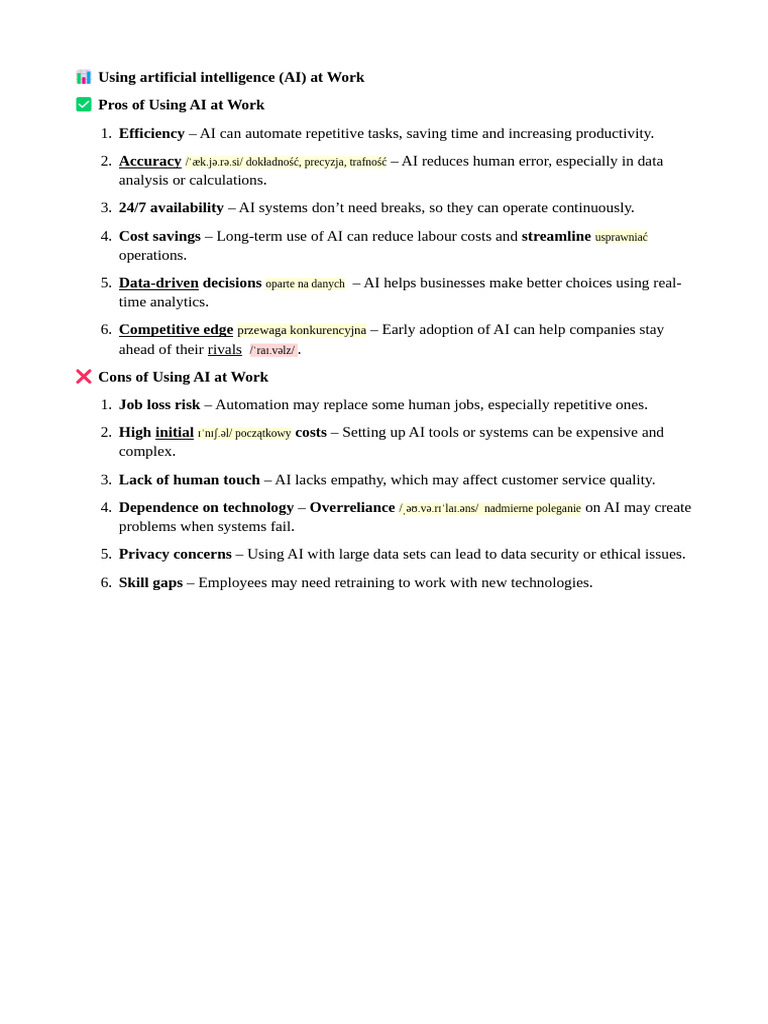 Pros and Cons of AI in the Workplace | PDF