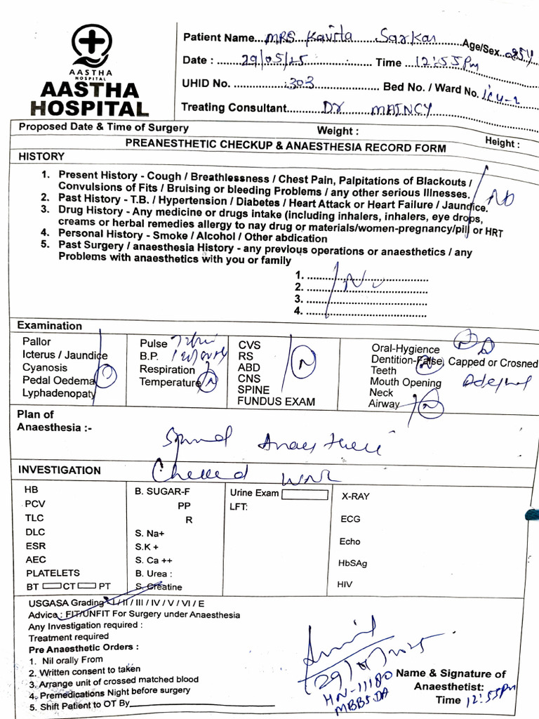 Pre Anesthesia Checkup Aastha | PDF | Anesthesia | Medicine