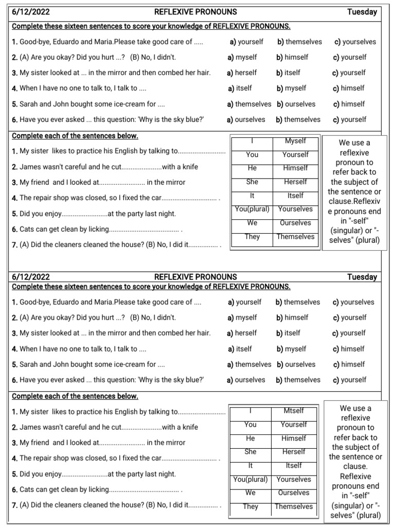 Reflexive Pronouns Practice Quiz | PDF | Grammatical Number | Syntactic ...