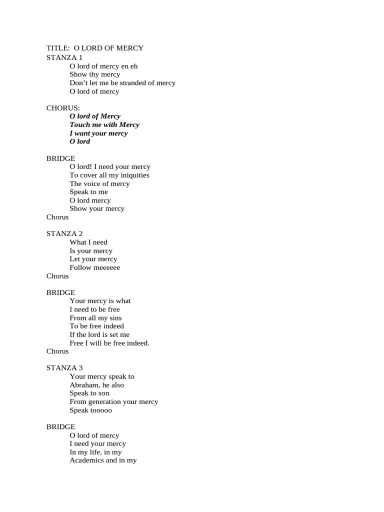 O Lord of Mercy Touch Me With Mercy I Want Your Mercy O Lord | PDF