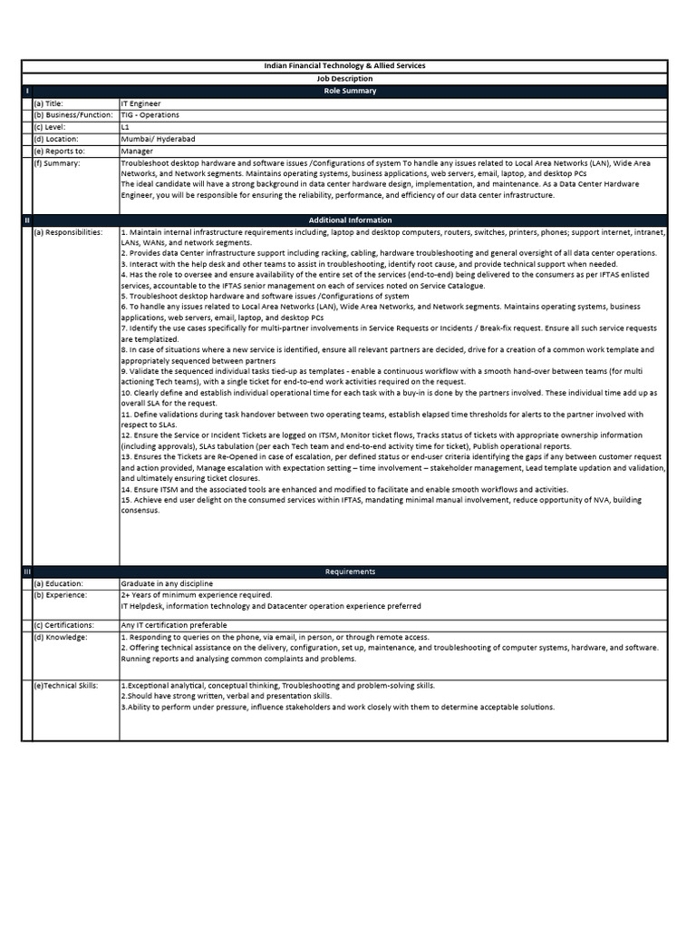 IT Engineer Job Responsibilities Overview | PDF | Computer Network ...