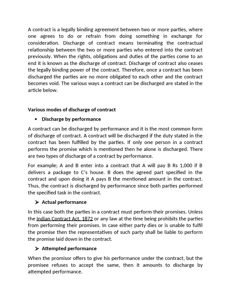 Discharge of Contract: Key Methods Explained | PDF | Breach Of Contract ...