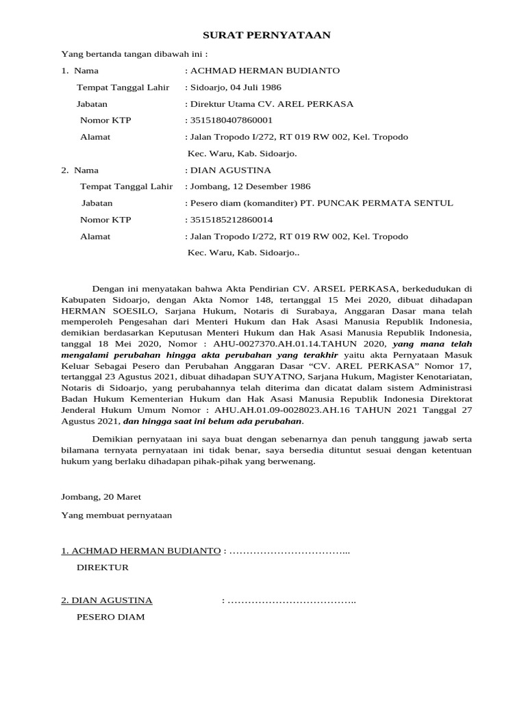 Surat Pernyataan CV. Arel Perkasa | PDF