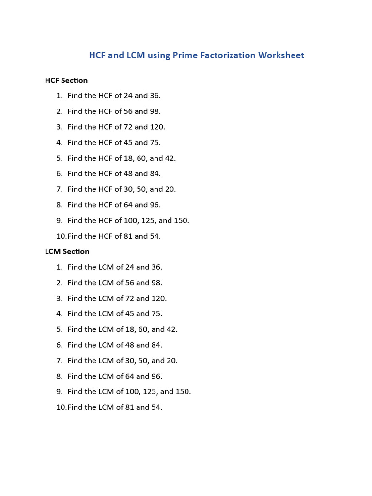 HCF and LCM Prime Factorization Worksheet | PDF