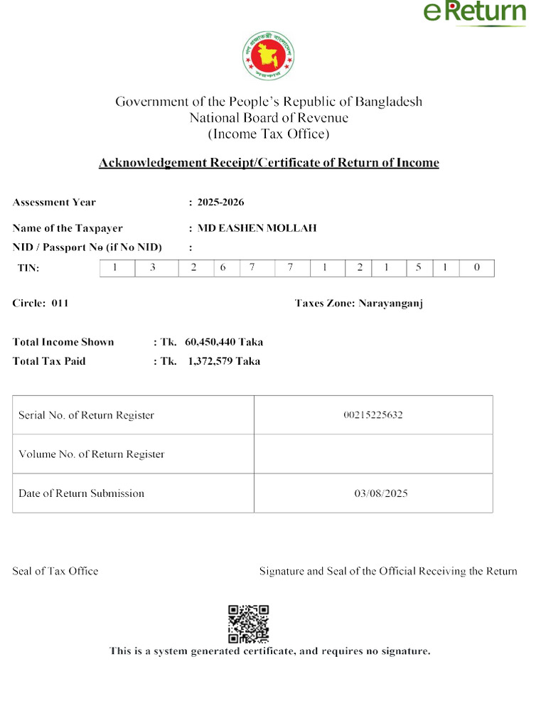 Tax Er Return Aknowledgement 2025-26 F | PDF