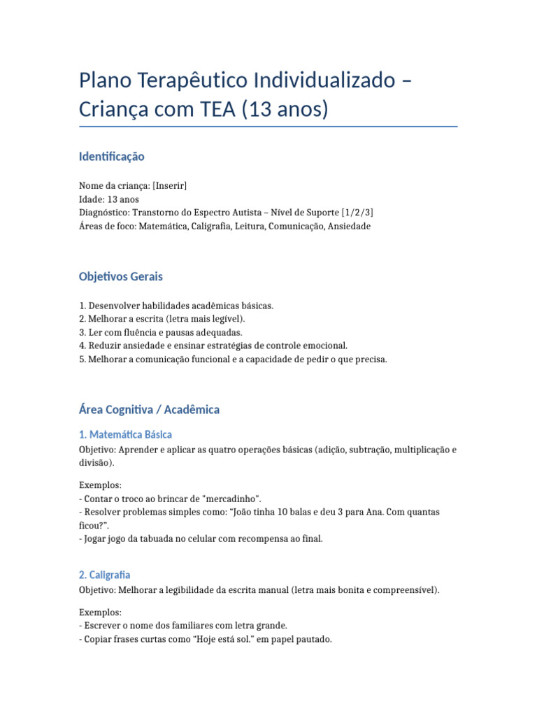 Plano Terapêutico TEA 13 Anos (1) | PDF | Autismo | Psicologia