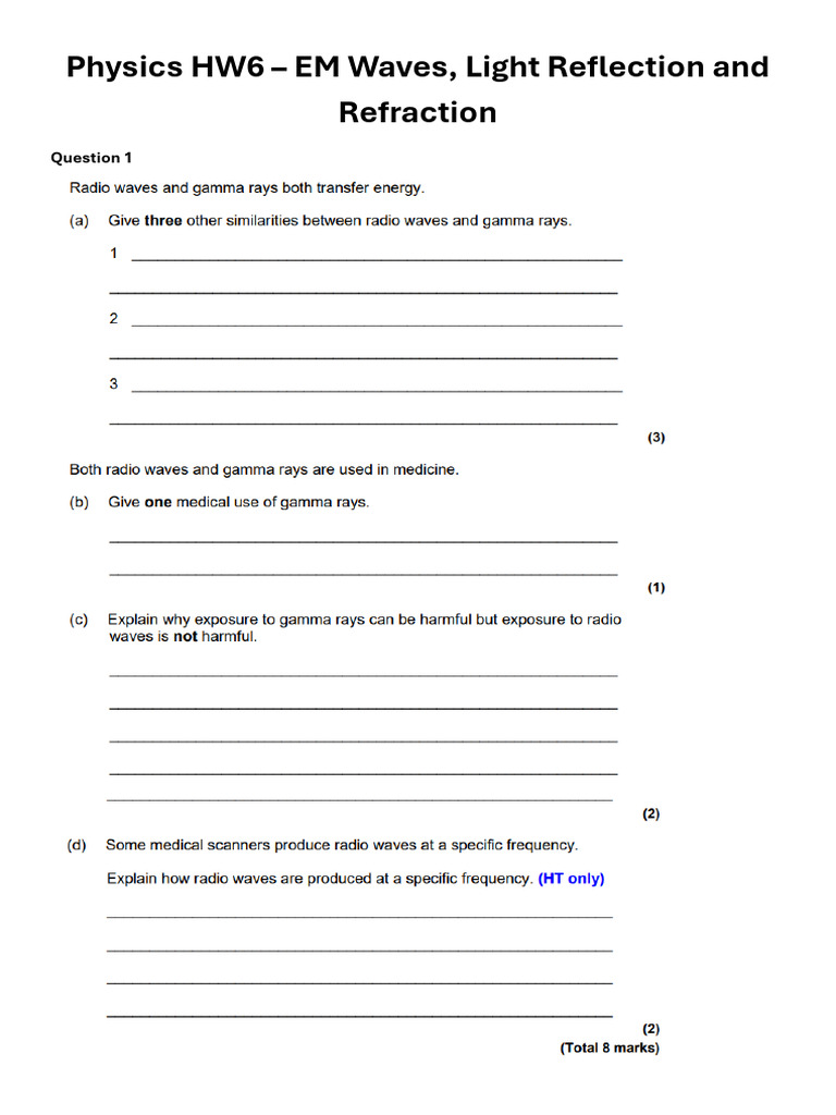 Physics Homework 6 - EM Waves, Sound and Light Reflection and ...