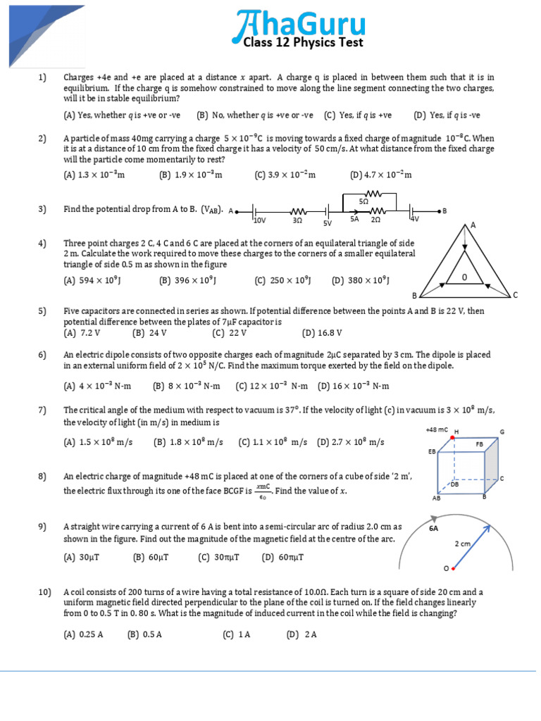 Class 12 Physics Test Questions | PDF | Dipole | Electromagnetism