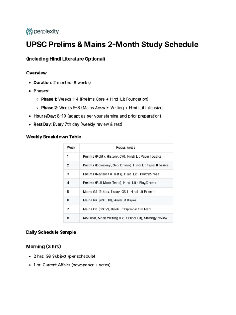 UPSC Prelims & Mains 2-Month Study Schedule | PDF | Written ...