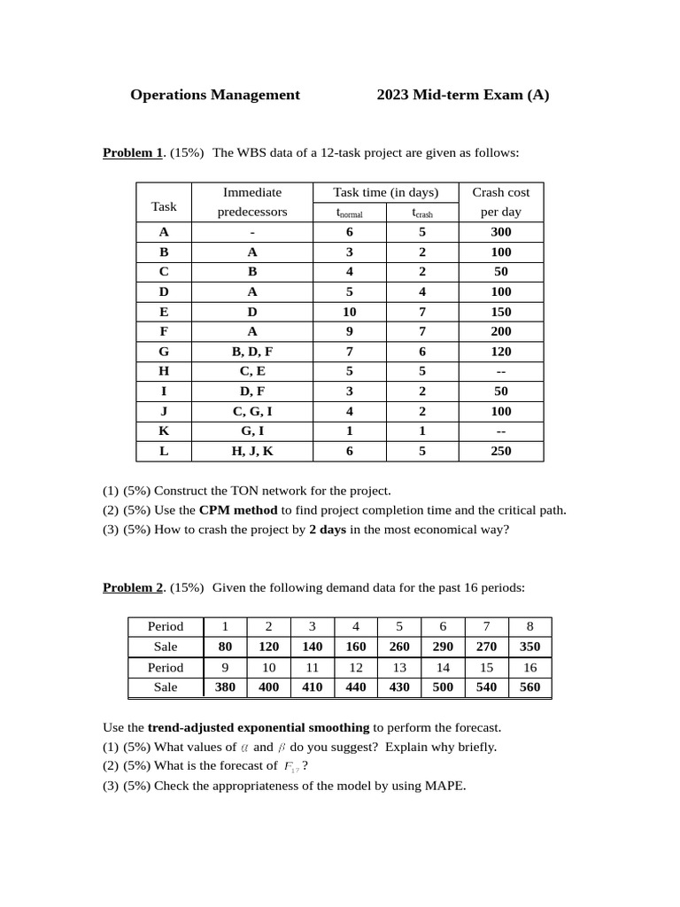 Operations Management Mid-term Exam Guide | PDF | Applied Mathematics