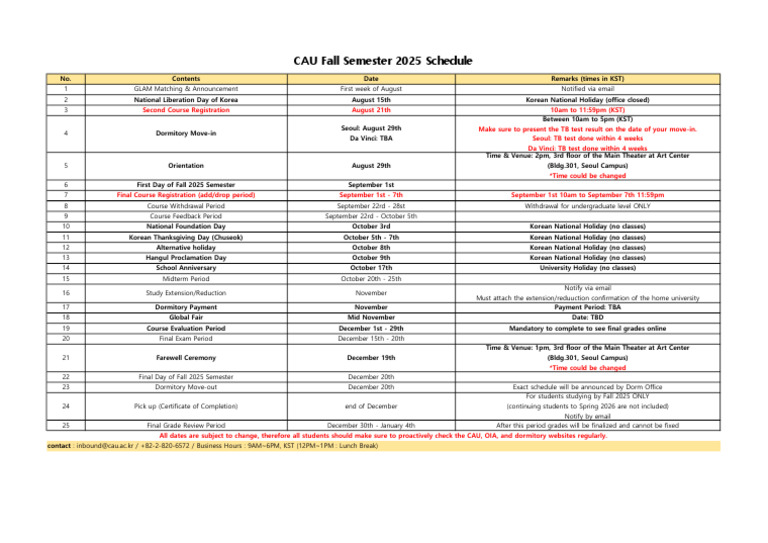 CAU Fall Semester 2025 Schedule | PDF | Korea