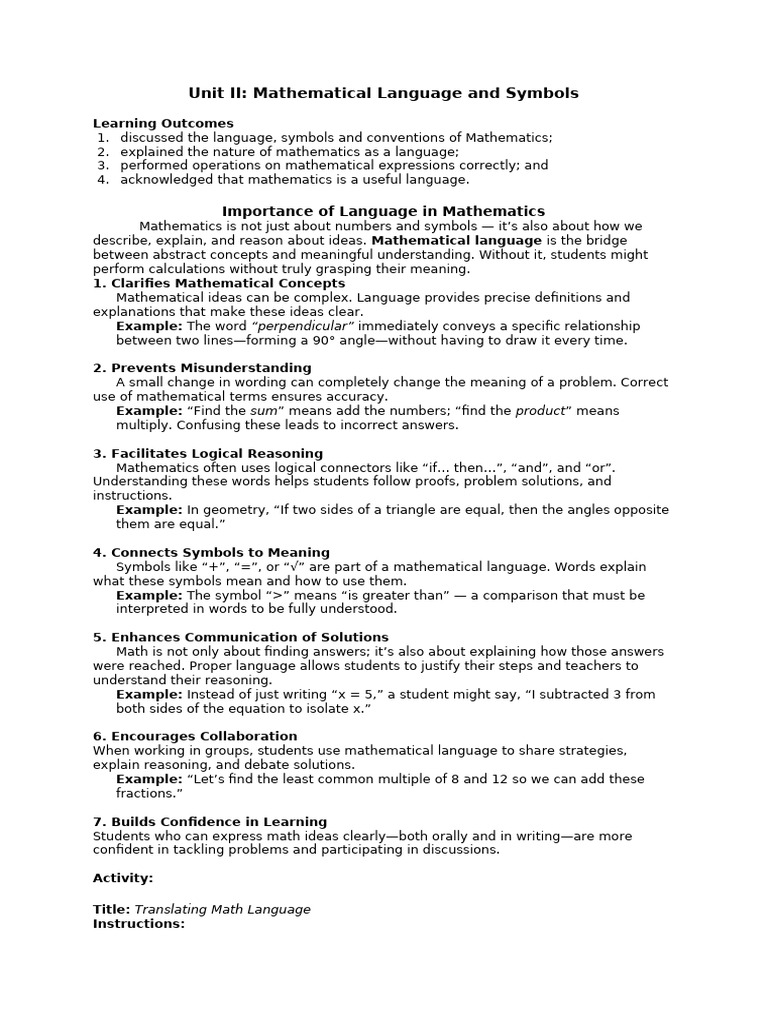 Unit 2 Mathematical Language Symbols | PDF | Mathematical Logic ...