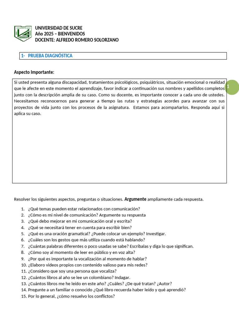 Prueba Diagnóstica de Comunicación 2025 | PDF | Comunicación ...