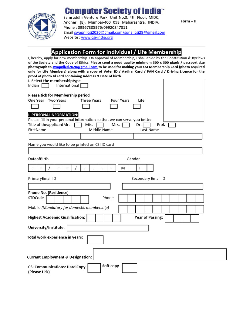 Individual or Life Membership | PDF | Cheque | Identity Document