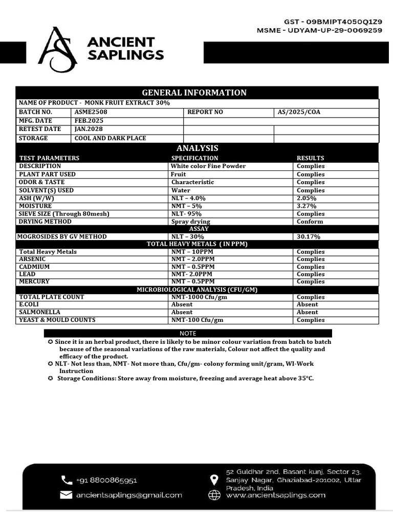 Ancient Saplings - Coa - Monk Fruit Extract 30% | PDF | Colony Forming ...