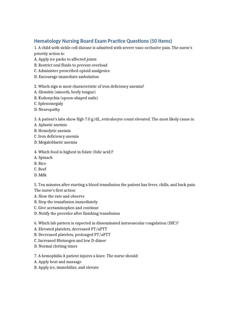 Hematology Nursing Exam Questions | PDF | Anemia | Hematology
