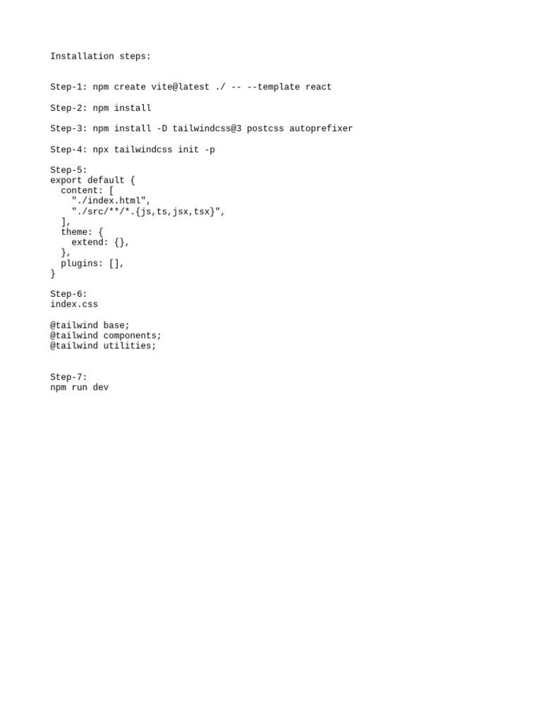 Installation Steps For React + Vite + Tailwindcss | PDF