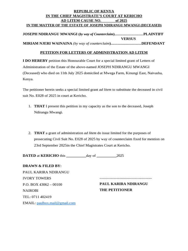 Petition for Letters of Administration Kenya | PDF
