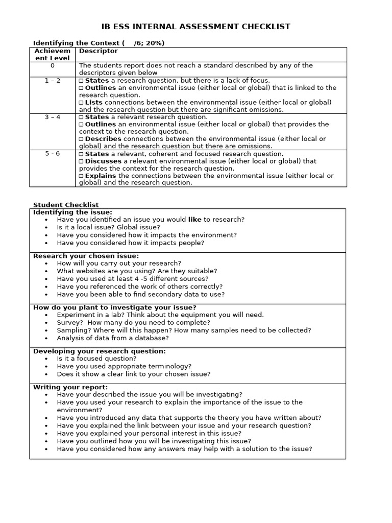IB ESS IA Checklist Guide | PDF | Data | Sampling (Statistics)