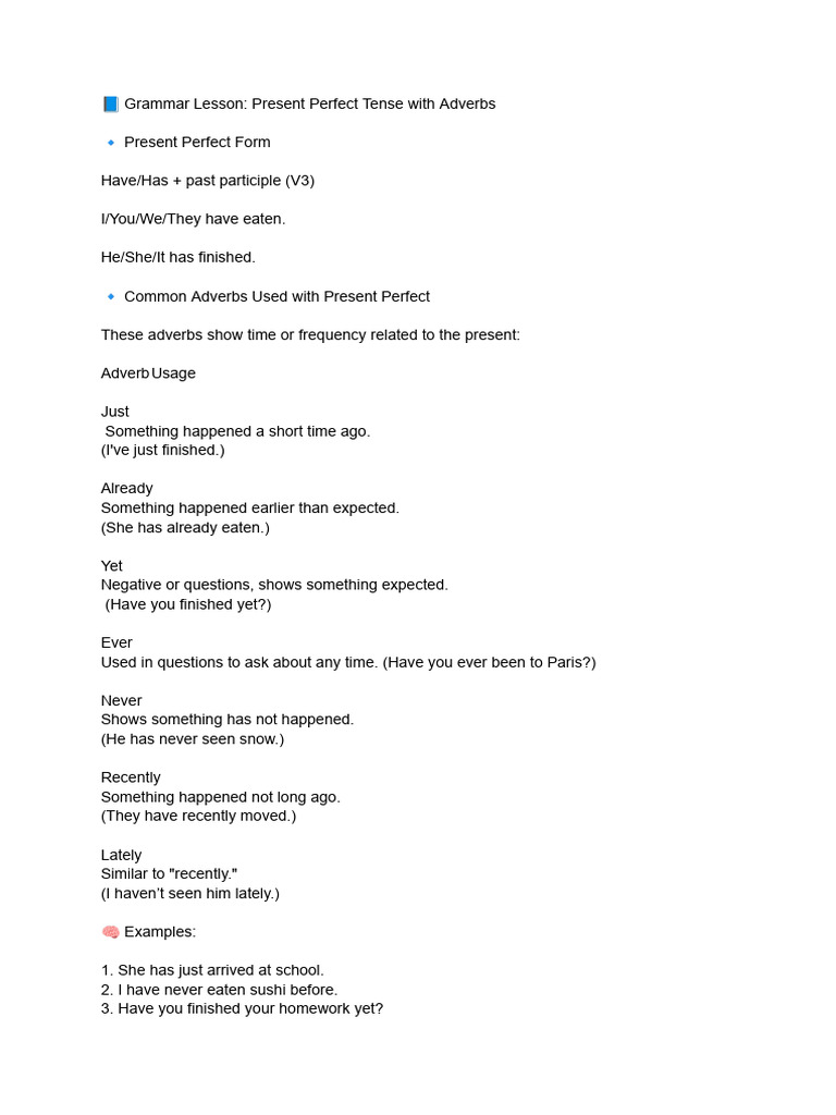 Present Perfect Tense Adverbials Guide | PDF