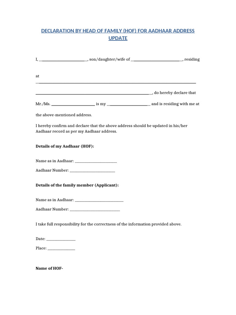 HOF Aadhaar Address Declaration Detailed | PDF