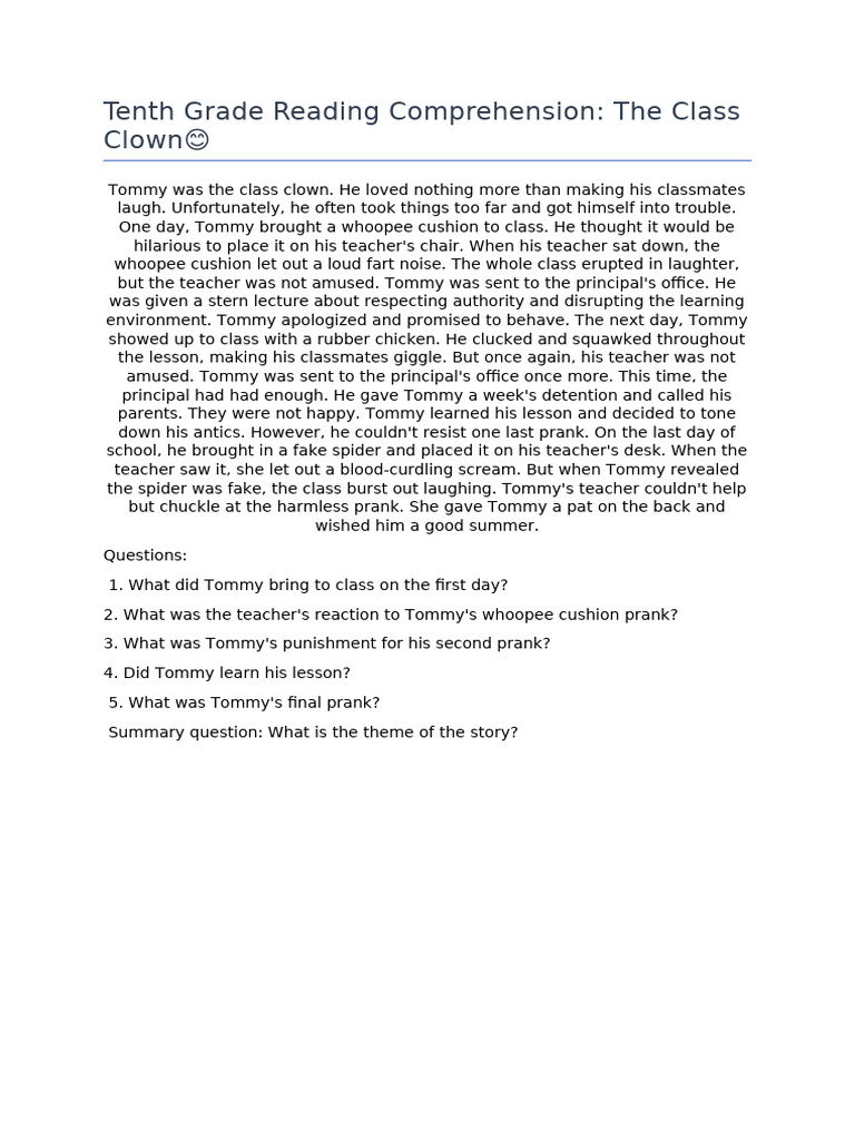 Tenth Grade Class Clown Pranks Story | PDF