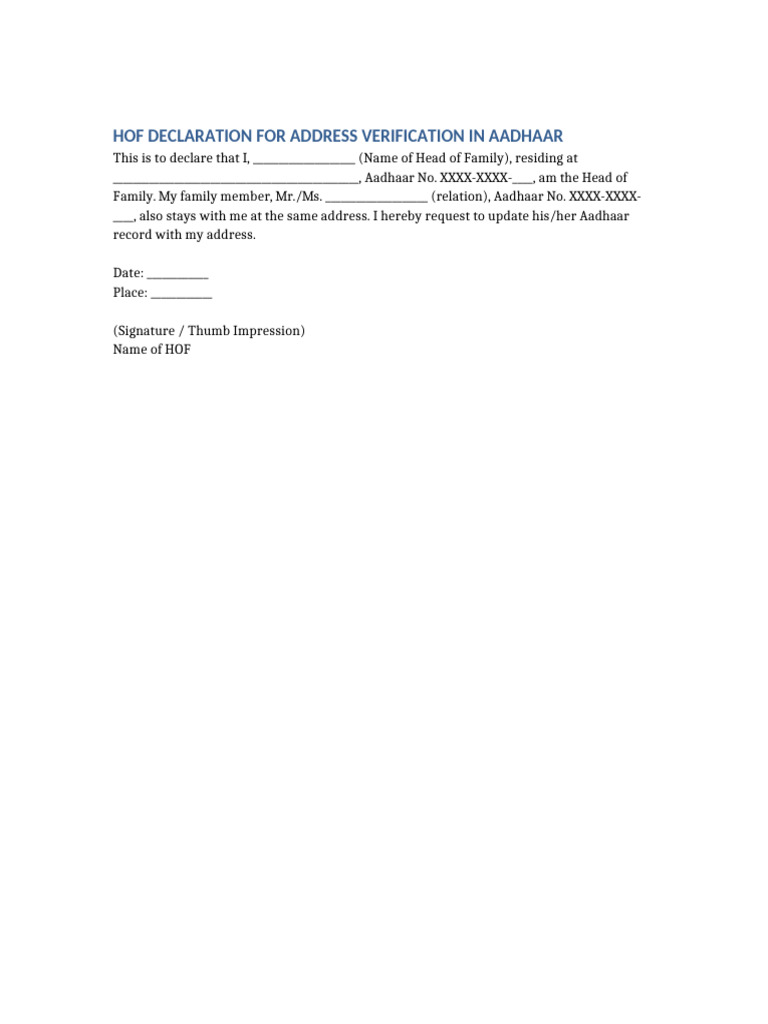 HOF Aadhaar Declaration Format 5 | PDF