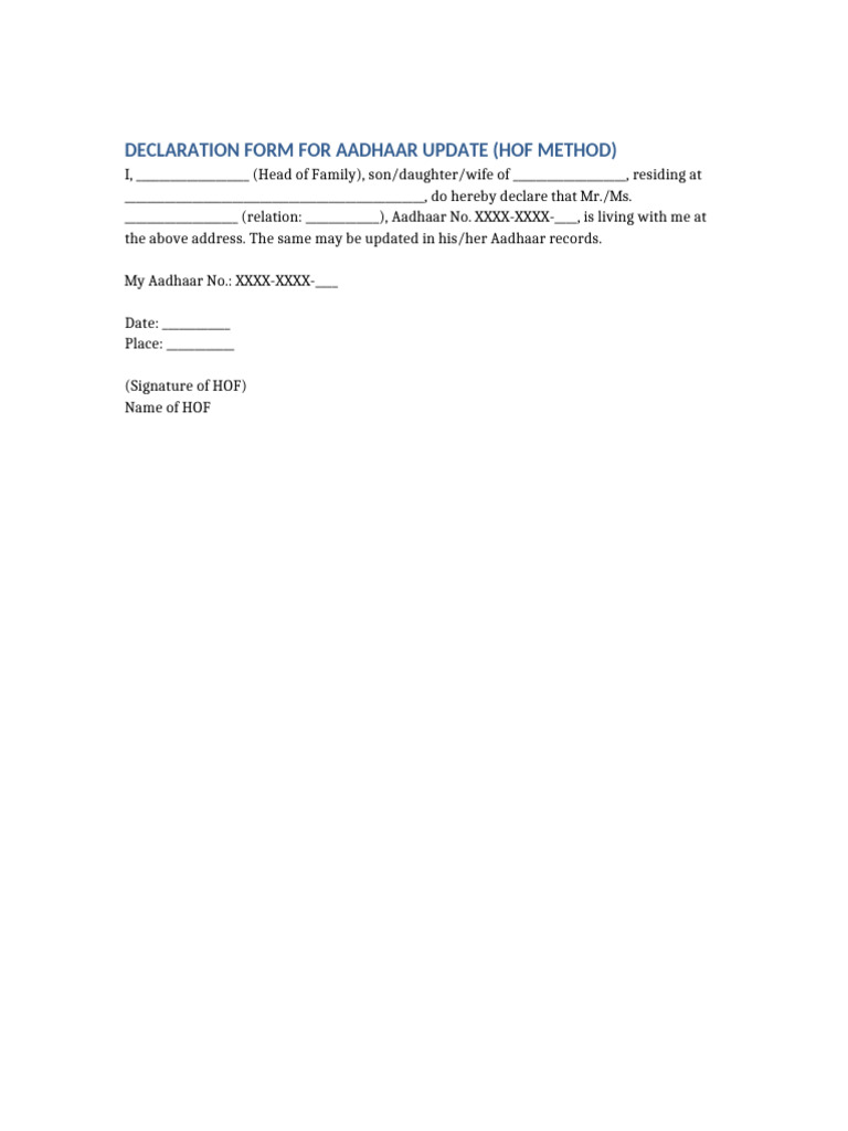 HOF Aadhaar Declaration Format 3 | PDF