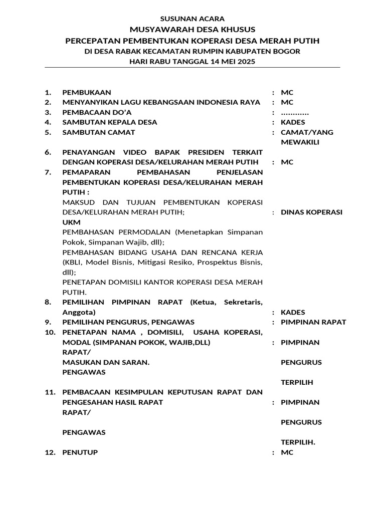 Susunan Acara Musdessus Kopdeskelmerput | PDF
