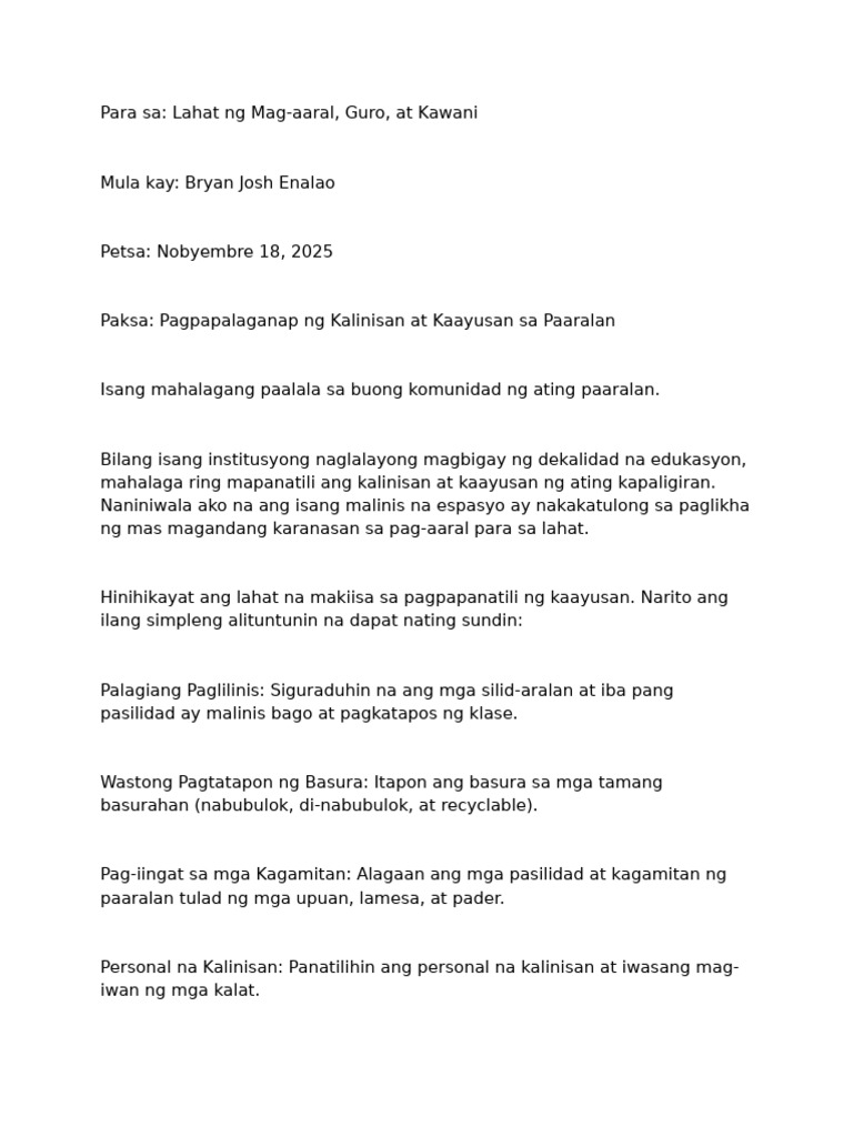 MEMORANDUM FOR SCHOOL | PDF