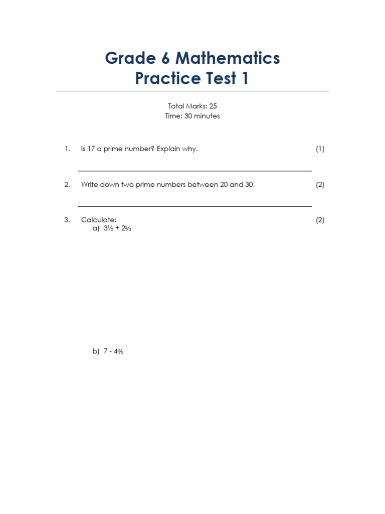 Grade 6 Maths Practice Test 1 | PDF
