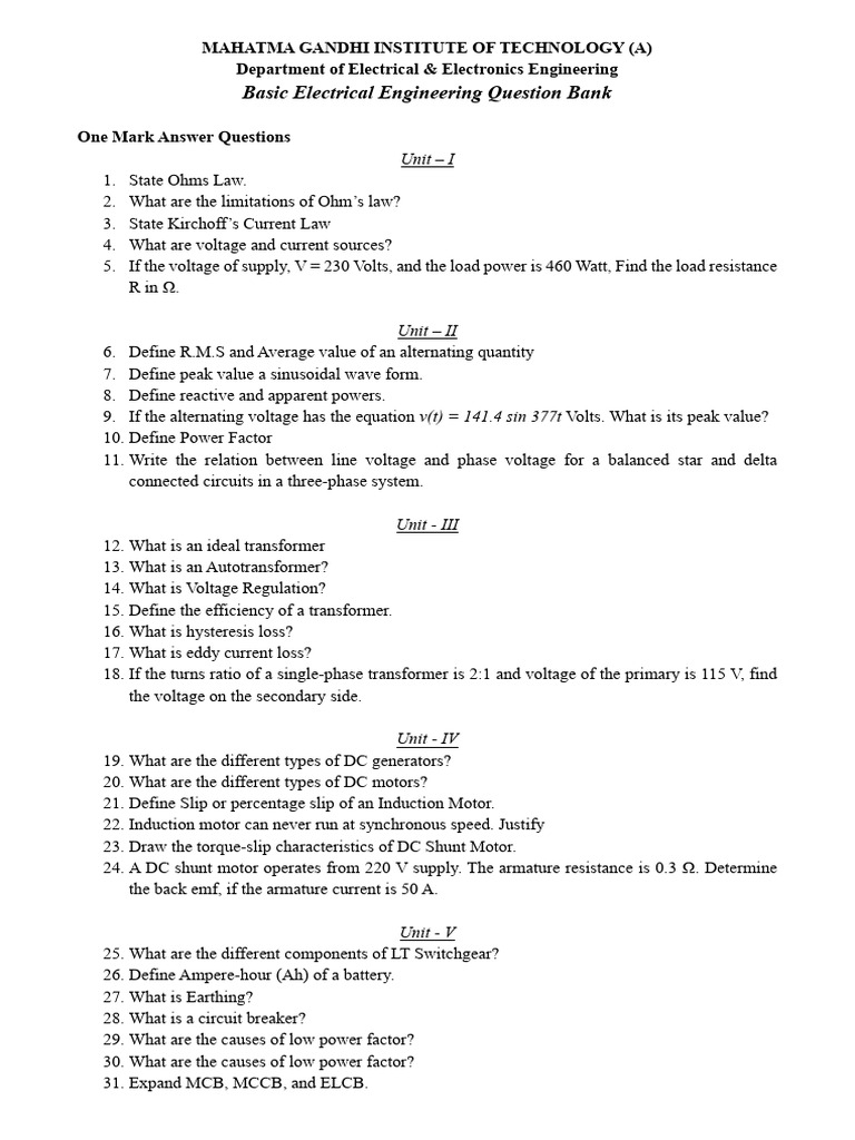 BEE Question Bank (2024-25) | PDF | Transformer | Electric Motor
