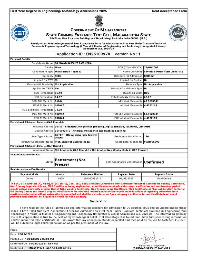 Engineering Admission Seat Acceptance 2025 | PDF