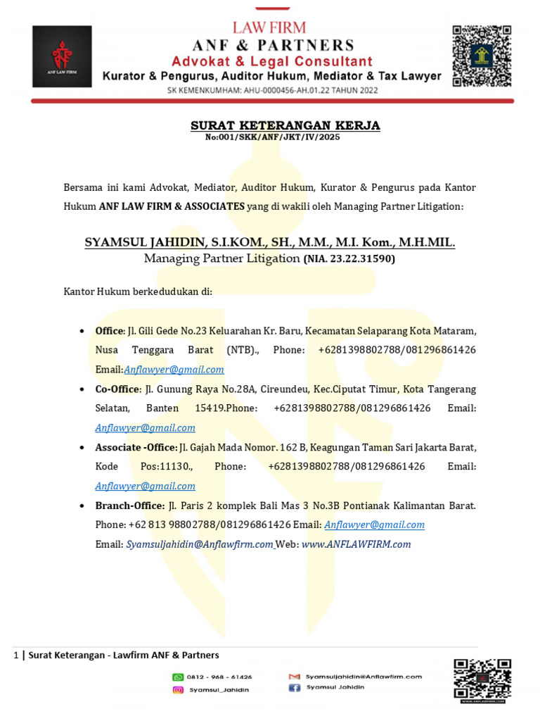 Surat Keterangan Kerja (Magang) Alfian Maulani - ANF LAW FIRM | PDF