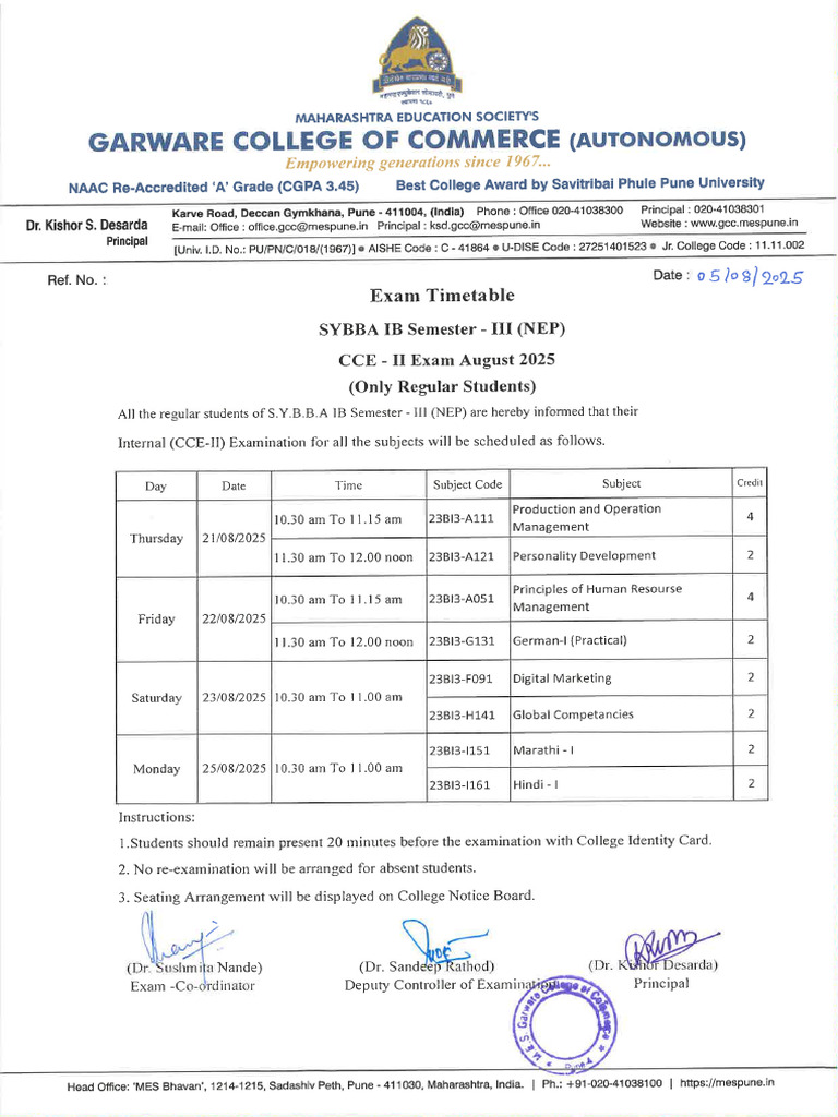 Sytybba Ib Nep Sem III & Sem V Cce II Exam Time Table Aug 2025 | PDF