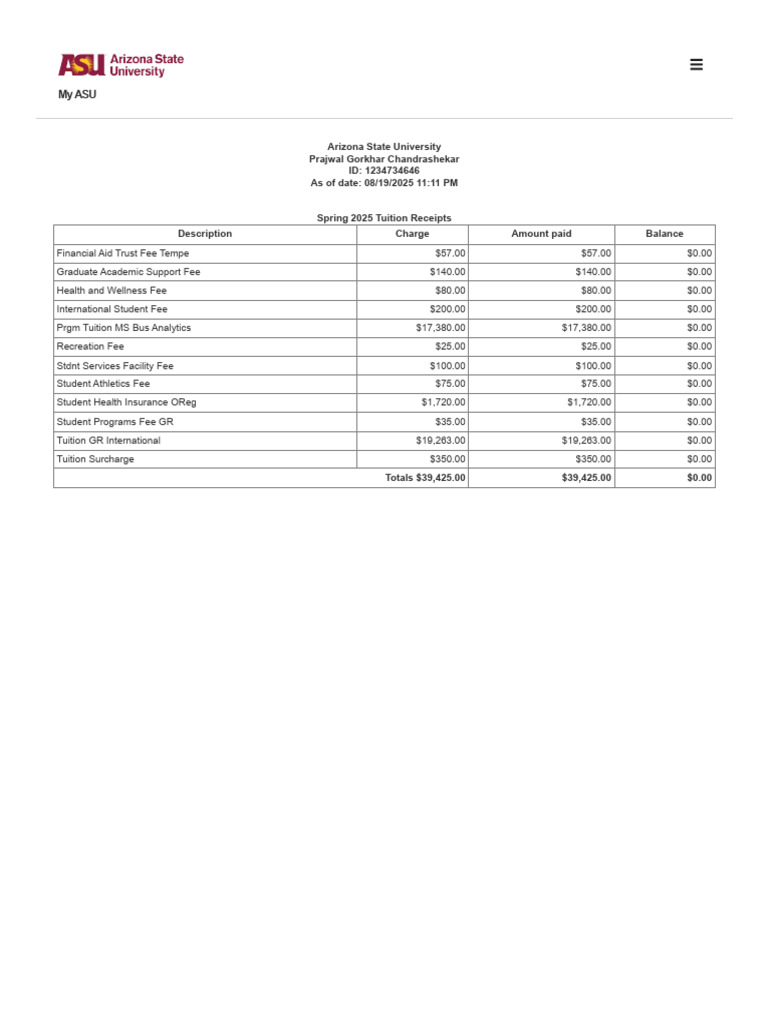 Spring 2025 ASU Tuition Breakdown | PDF