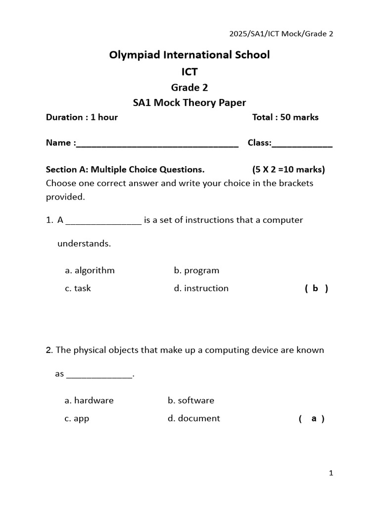 G2 SA1 Mock Paper - Answers - Docx 2 | PDF | Toothbrush | Computer Program