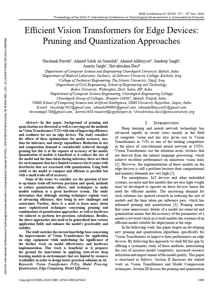 Efficient Vision Transformers For Edge Devices Pruning and Quantization Approaches | PDF ...