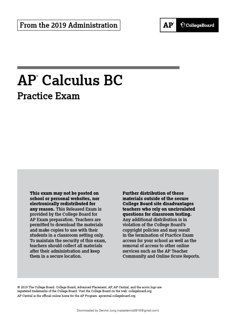 2019 AP Calculus BC Practice Exam | PDF | Function (Mathematics ...