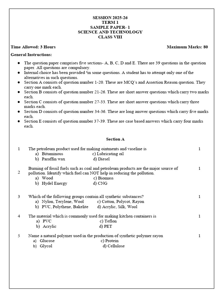 Class 8 Science & Technology Sample Paper | PDF | Protozoa